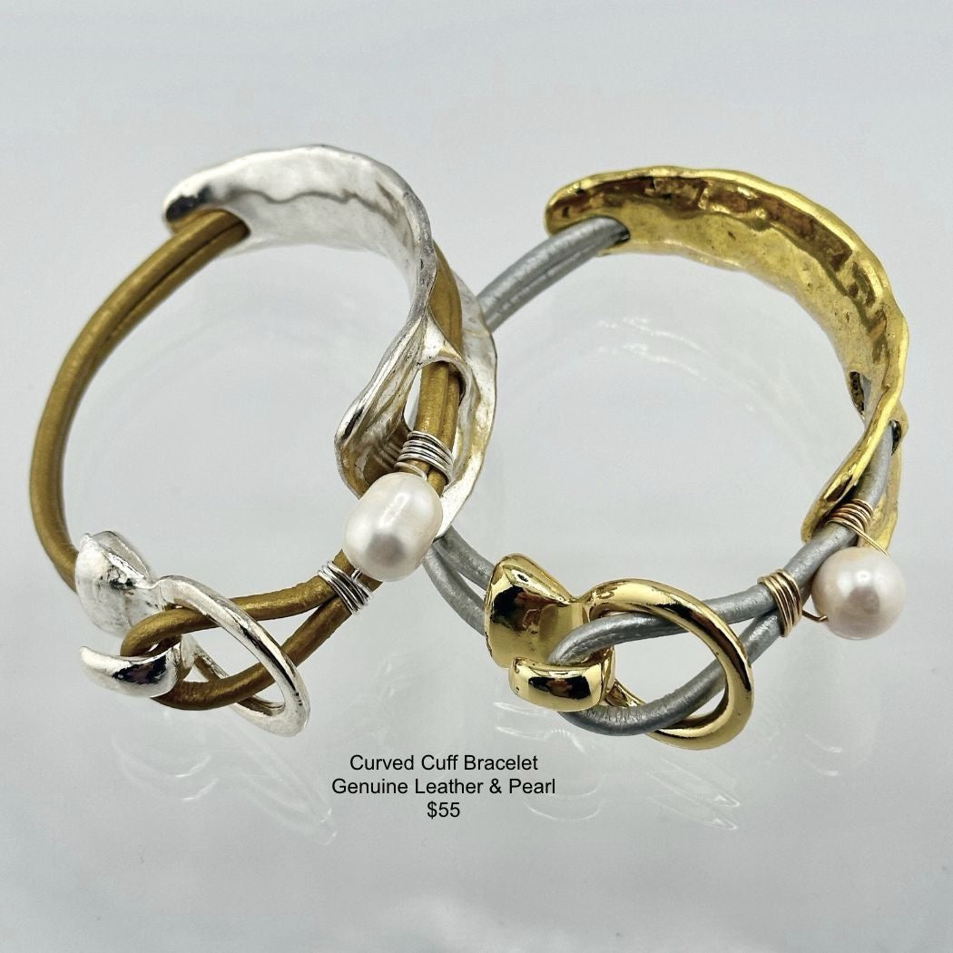 Curved Cuff Bracelet With Leather and Pearl – Beauty In Stone Jewelry